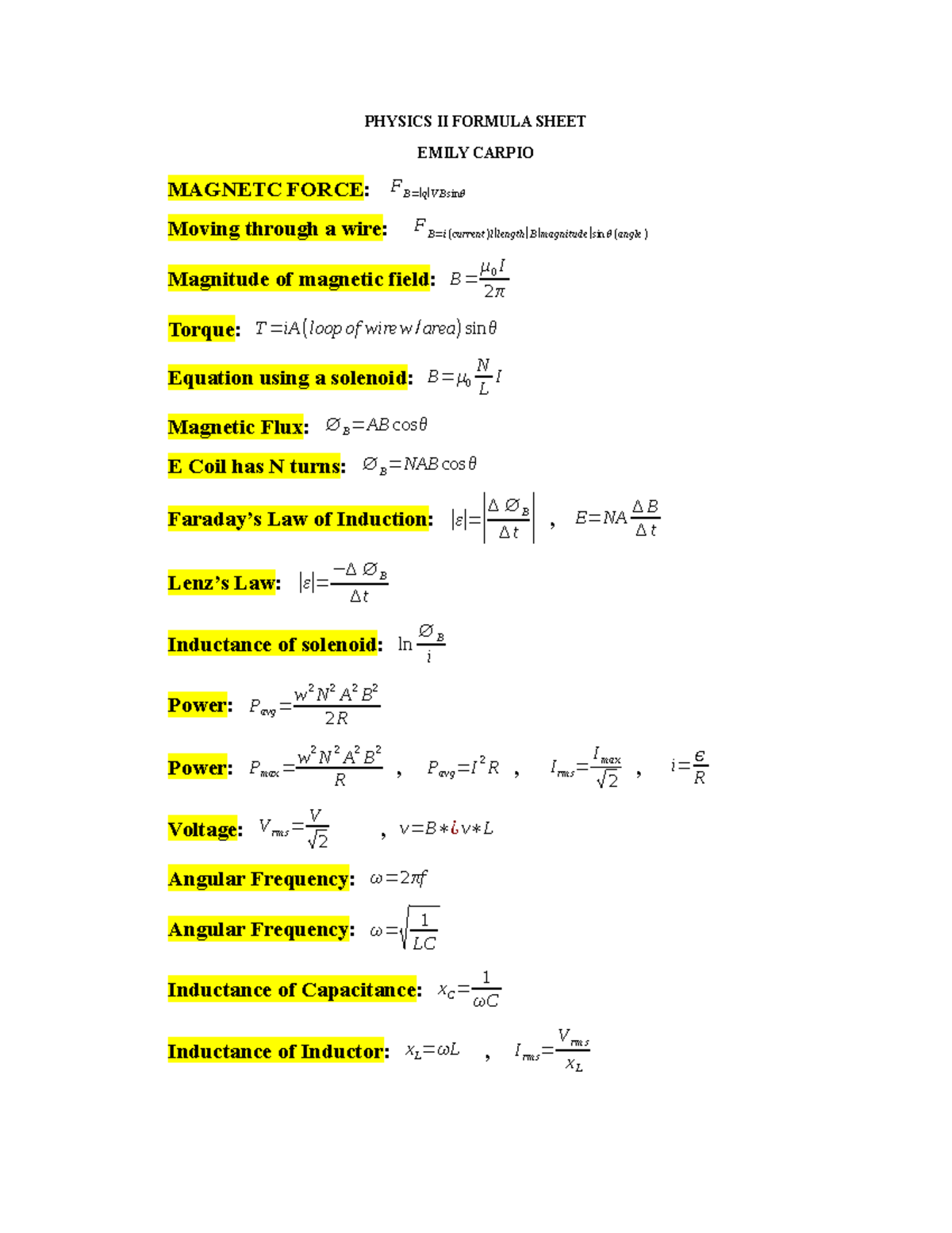 Physics II Formula Sheet - PHYSICS II FORMULA SHEET EMILY CARPIO ...