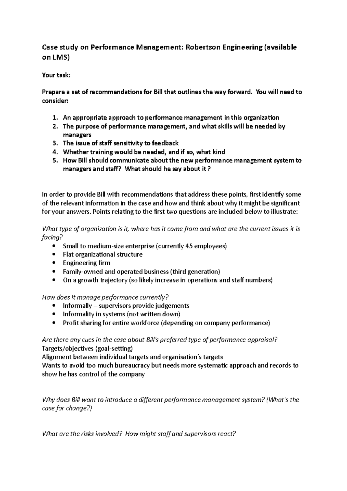 Instructions - Case study questions for Performance Management - Case ...