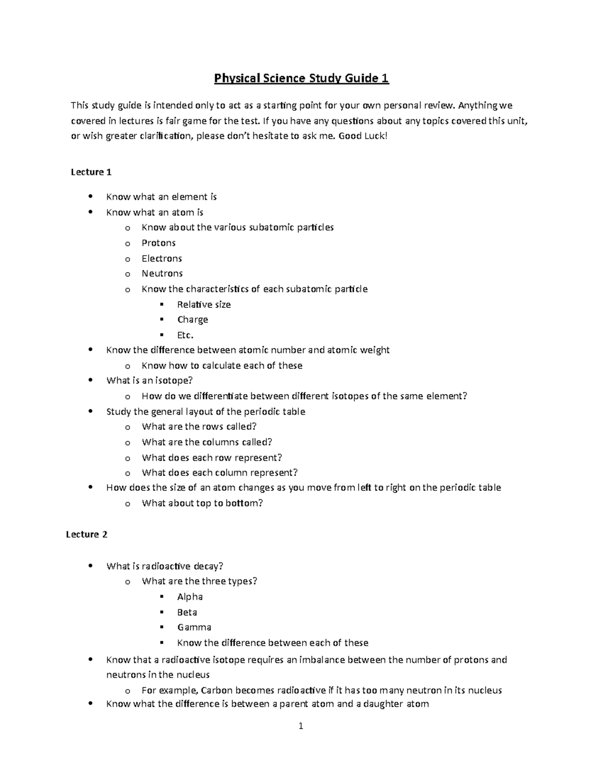 Physci 11 Study Guide 1 - 1 Physical Science Study Guide 1 This study ...