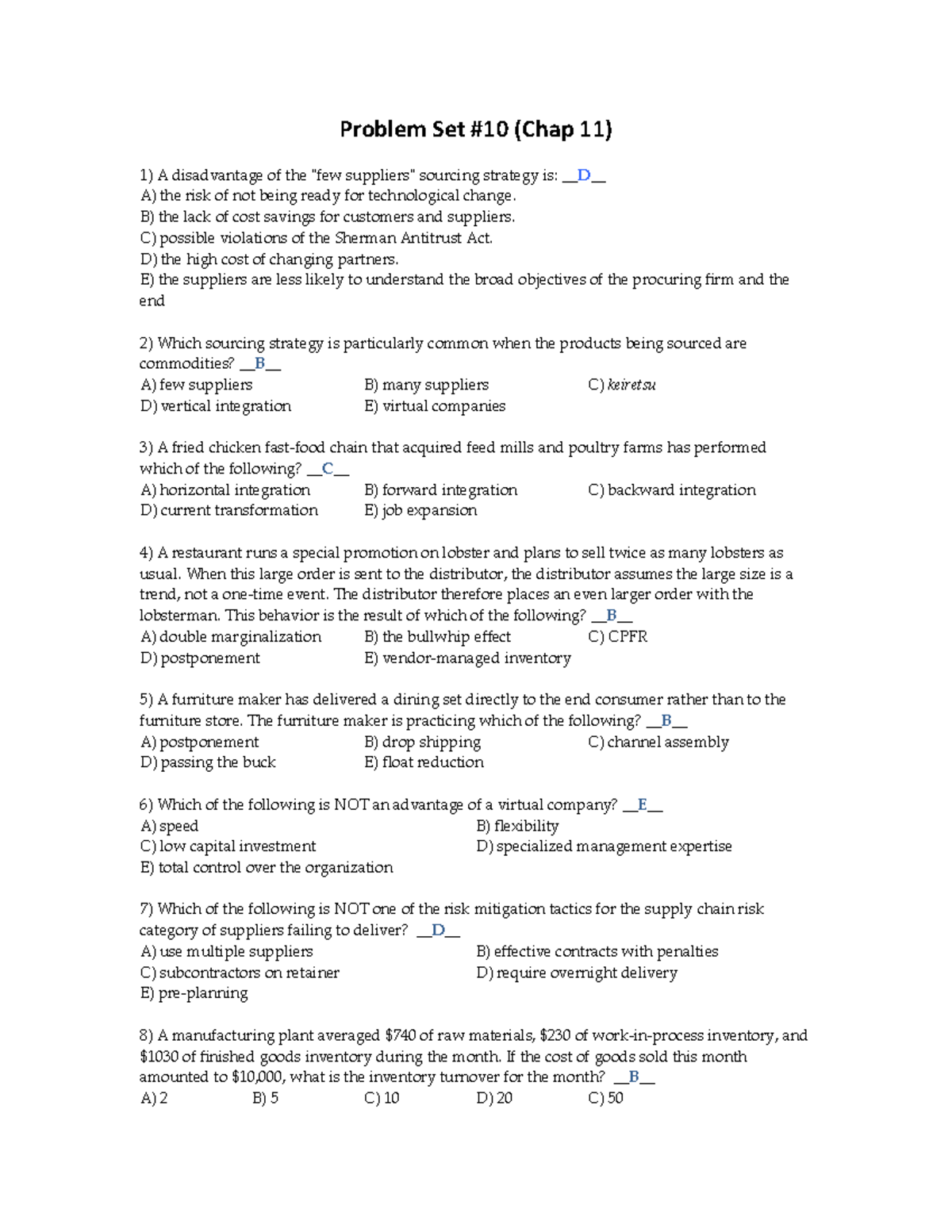 Copy Of Problem Set 10 Chap 11 With Answers Problem Set 10 Chap 11 A Disadvantage Of The