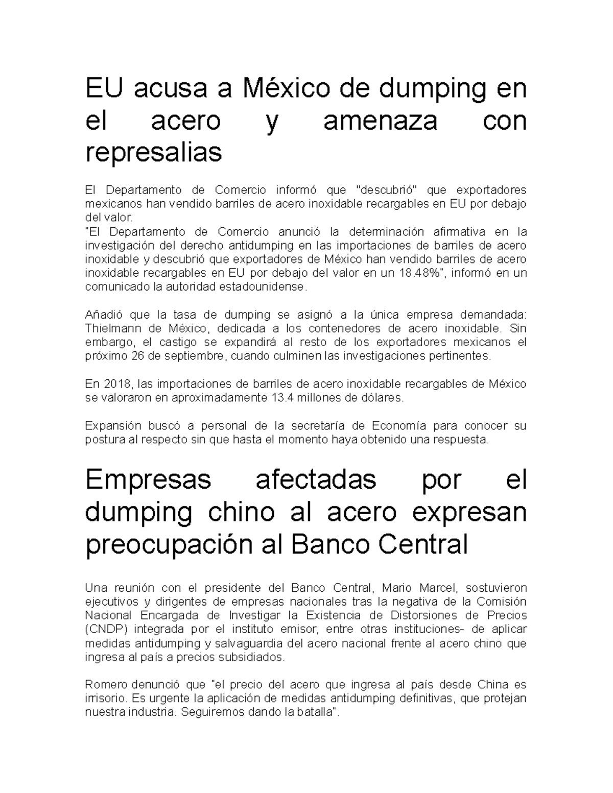 10 ejemplos dumping - EU acusa a México de dumping en el acero y amenaza con represalias El ...