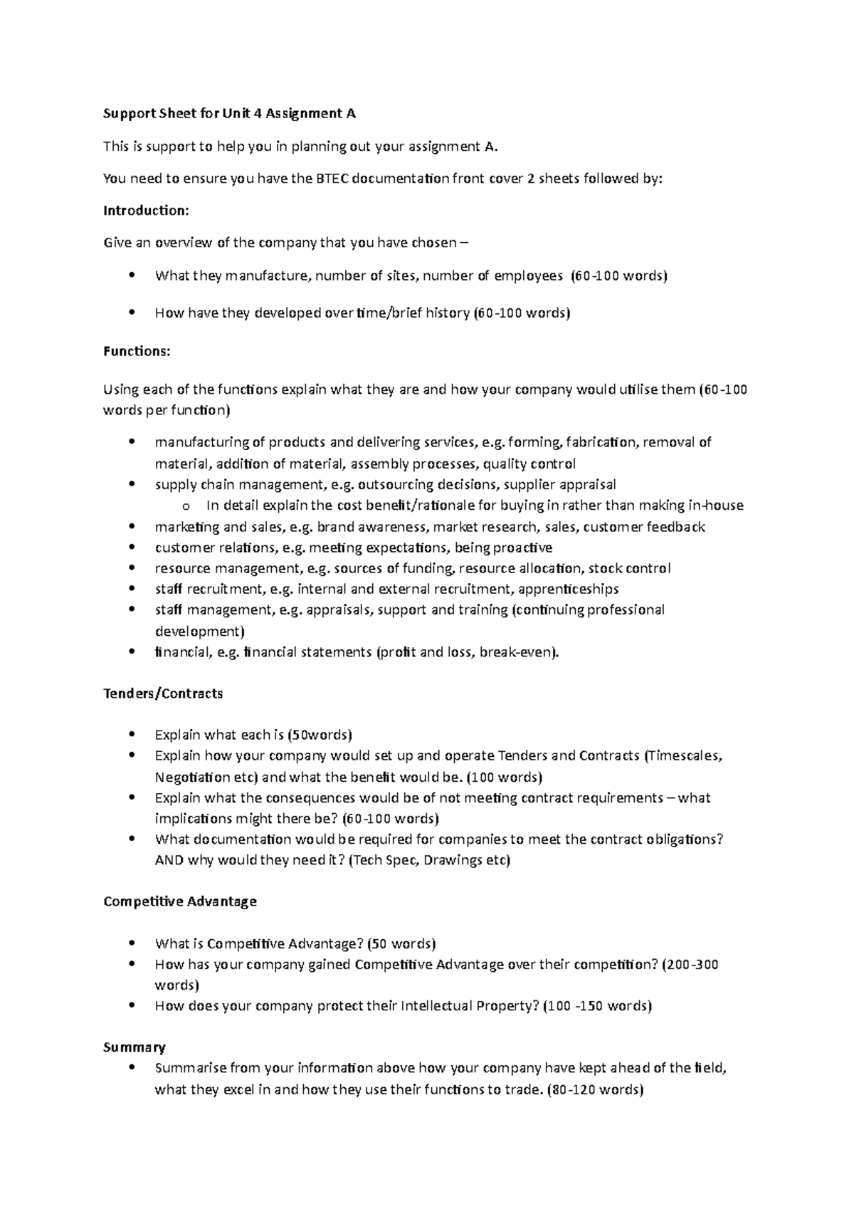 Support Sheet for Unit 4 Assignment A - You need to ensure you have the BTEC documentation front ...