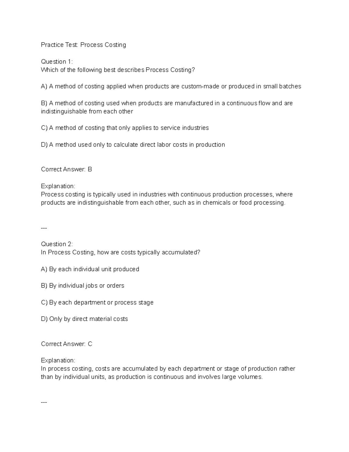 Practice Test- Process Costing - Practice Test: Process Costing ...