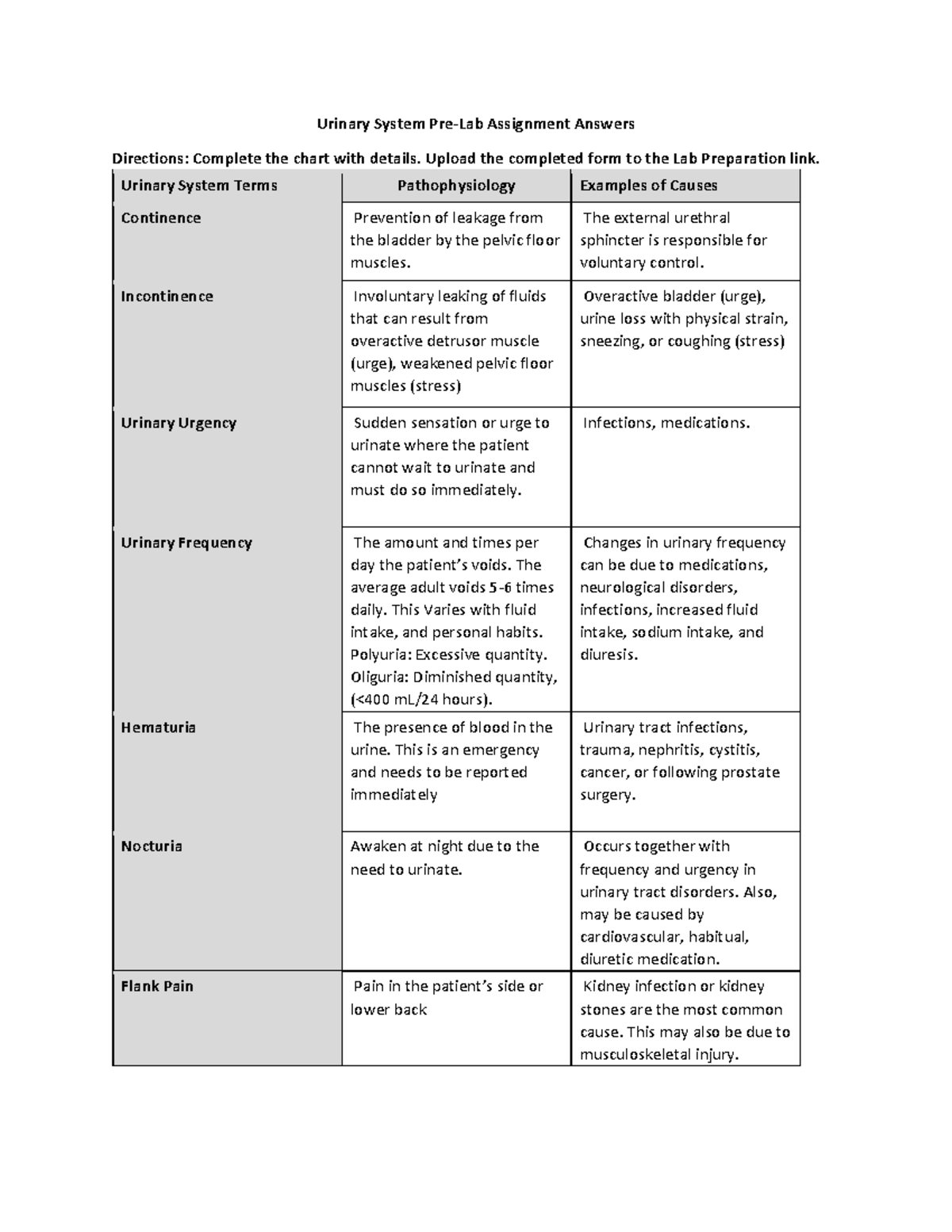 GU Urinary System Pre Lab Answers - Urinary System Pre-Lab Assignment ...