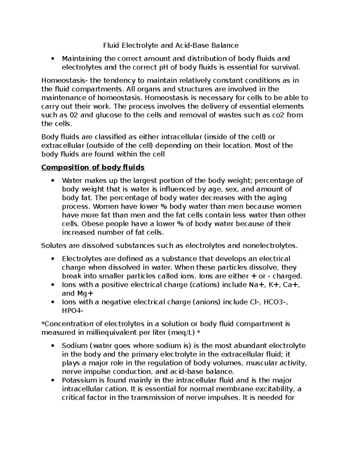 Fluid electrolyte imbalances notes - Fluid Electrolyte and Acid-Base ...