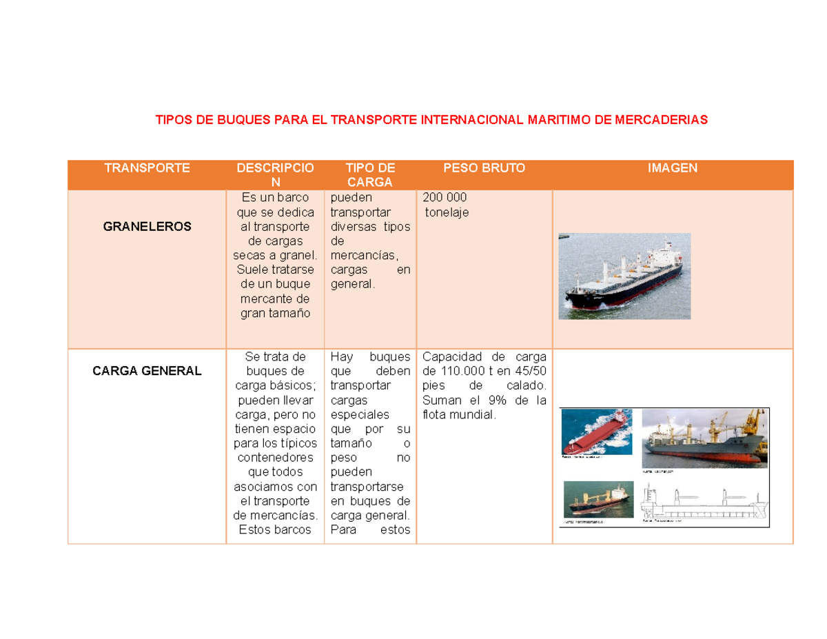 Buques - tareas de logistica - TIPOS DE BUQUES PARA EL TRANSPORTE INTERNACIONAL MARITIMO DE ...