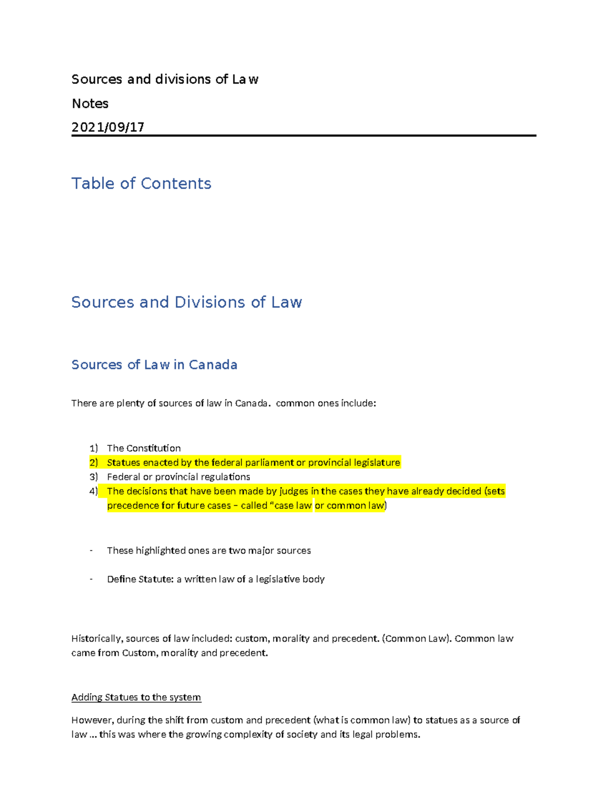 Sources and divisions of Law - Sources and divisions of Law Notes 2021 ...