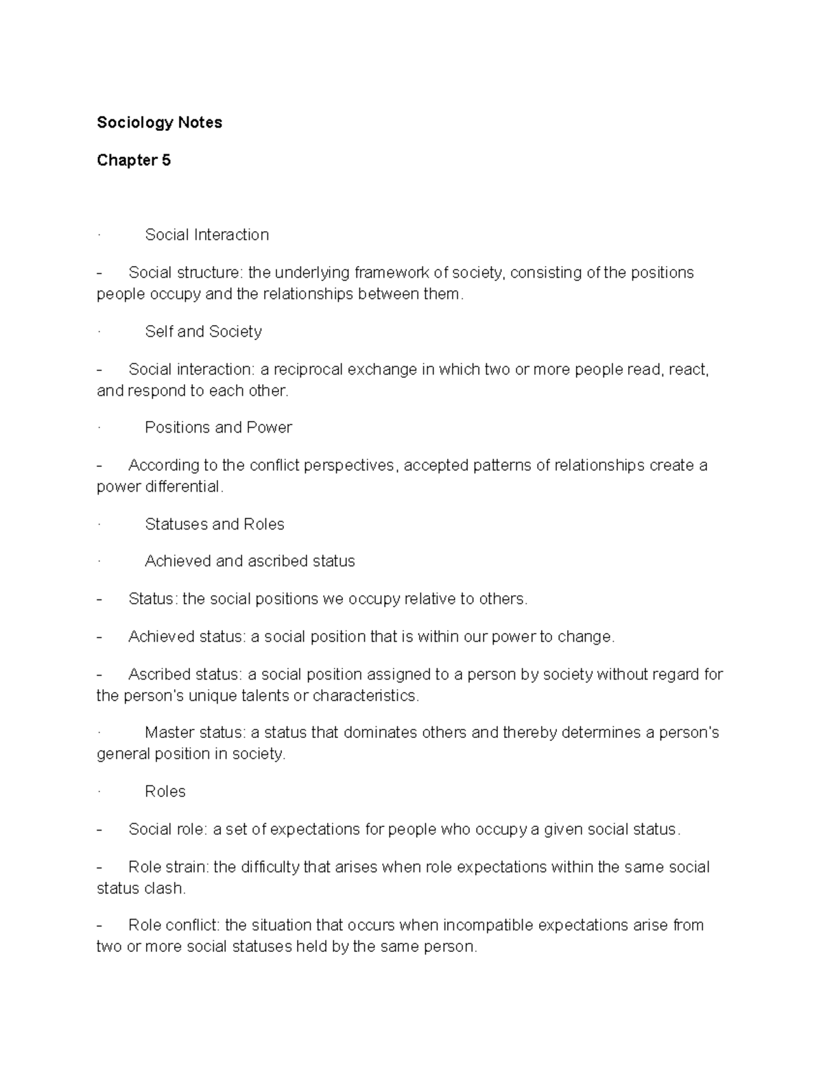 Sociology Notes Chp 5 - Sociology Notes Chapter 5 · Social Interaction ...