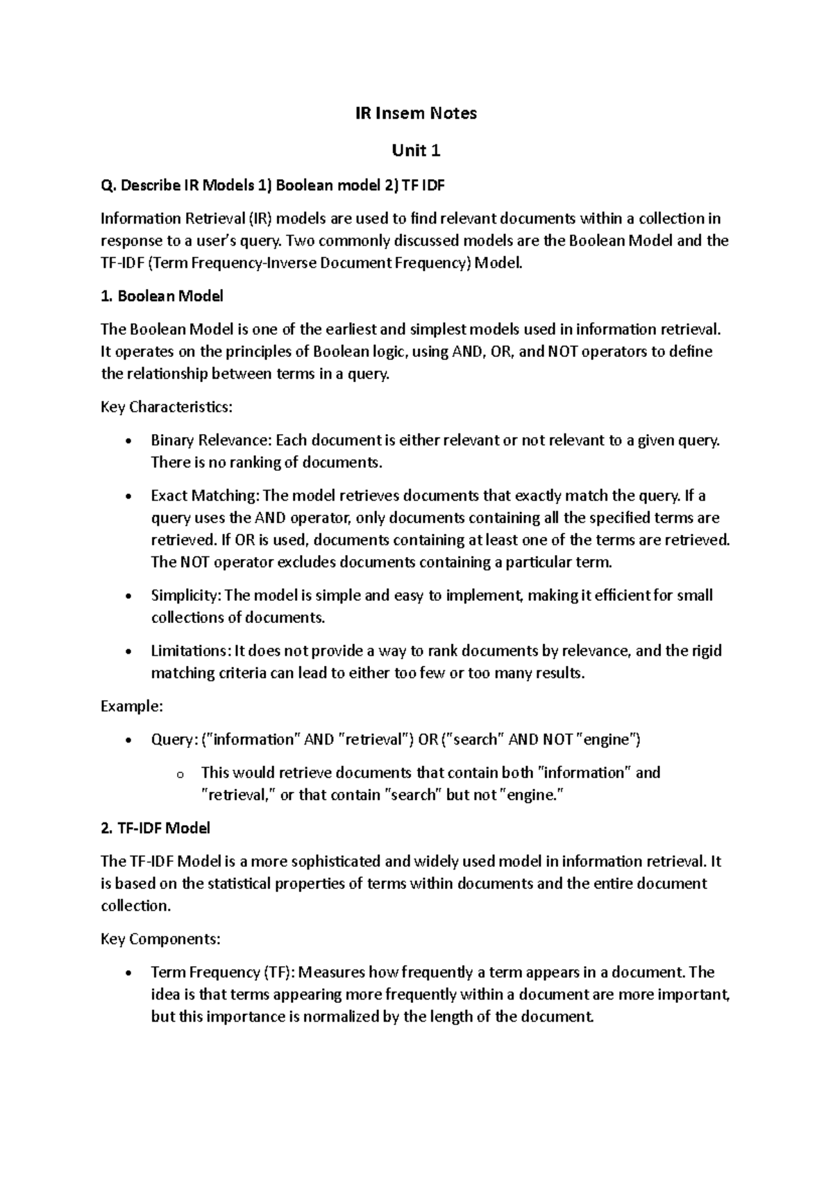 IR Insem Notes - IR Insem Notes Unit 1 Q. Describe IR Models 1) Boolean ...