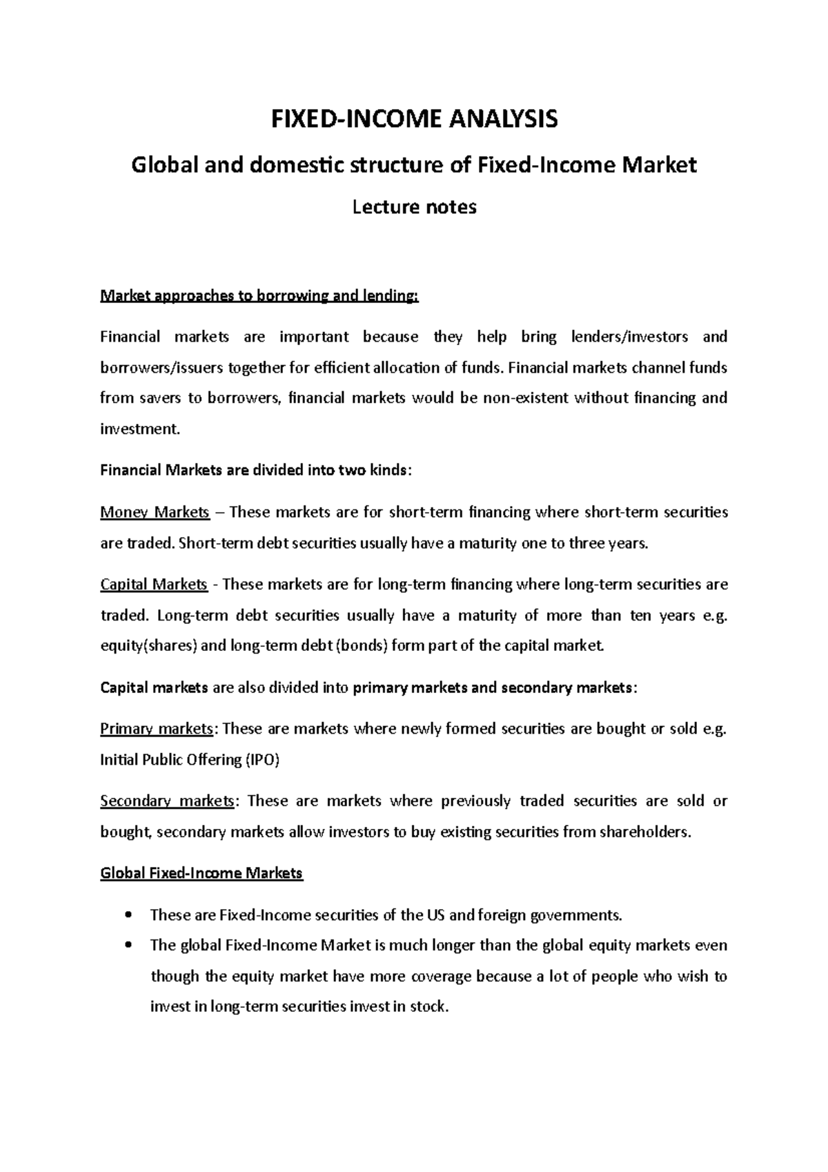 WEEK 3-Lecture Notes - FIXED-INCOME ANALYSIS Global and domestic ...