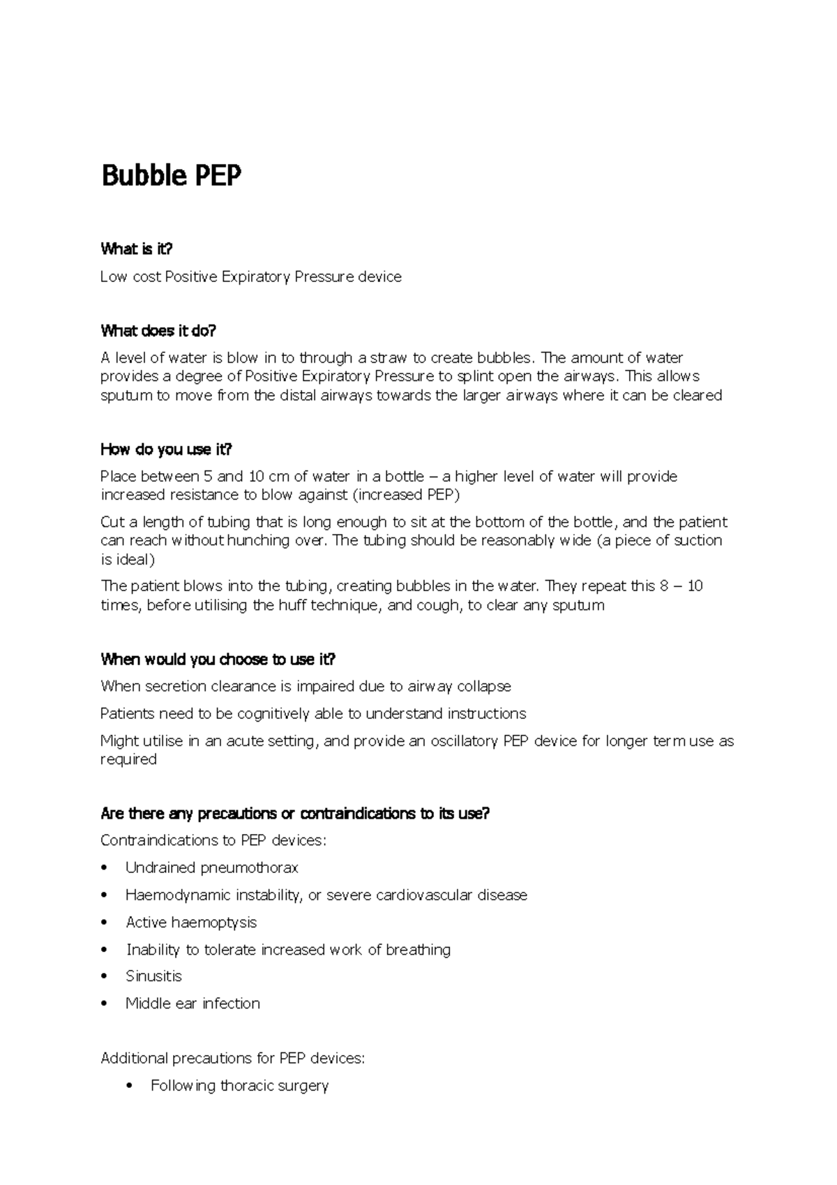 Bubble PEP - Bubble PEP What is it? Low cost Positive Expiratory ...