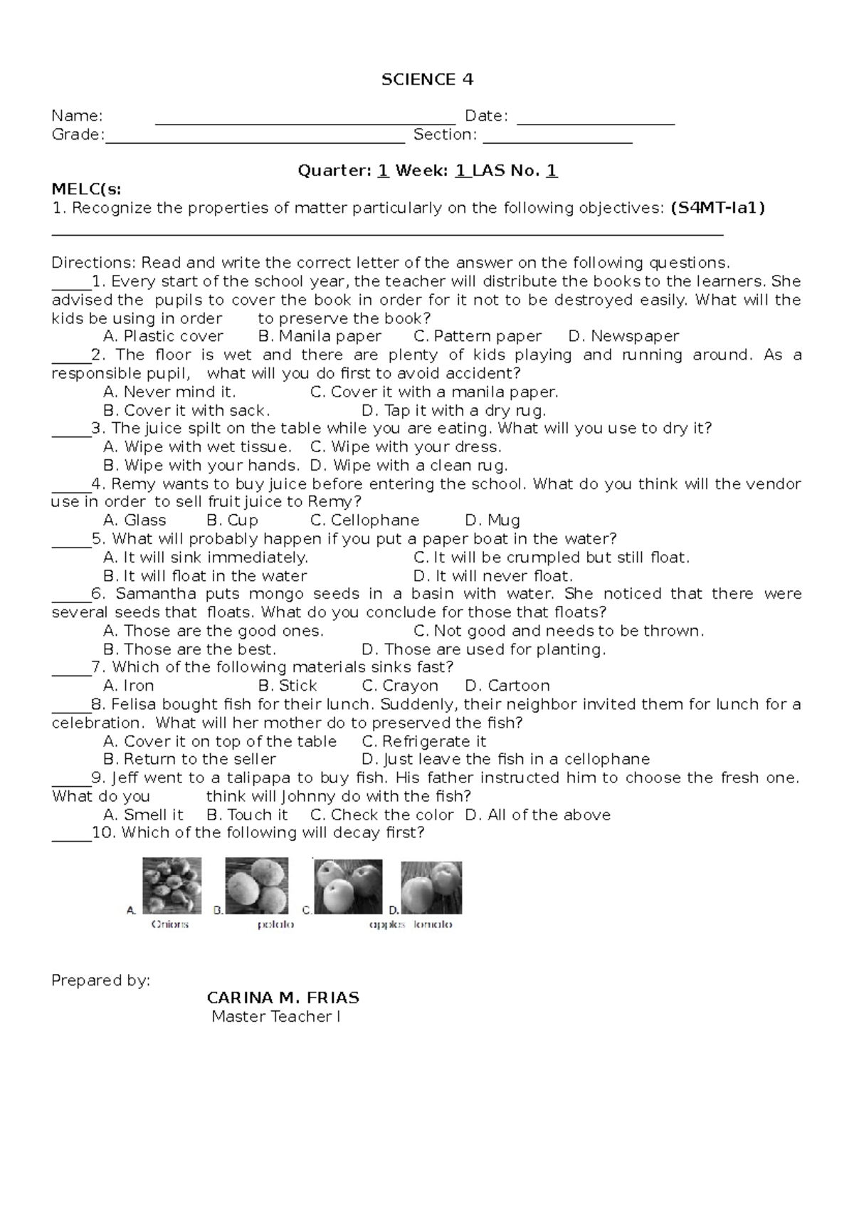 Grade 4-Q1- Science-LAS 1 - SCIENCE 4 Name ...
