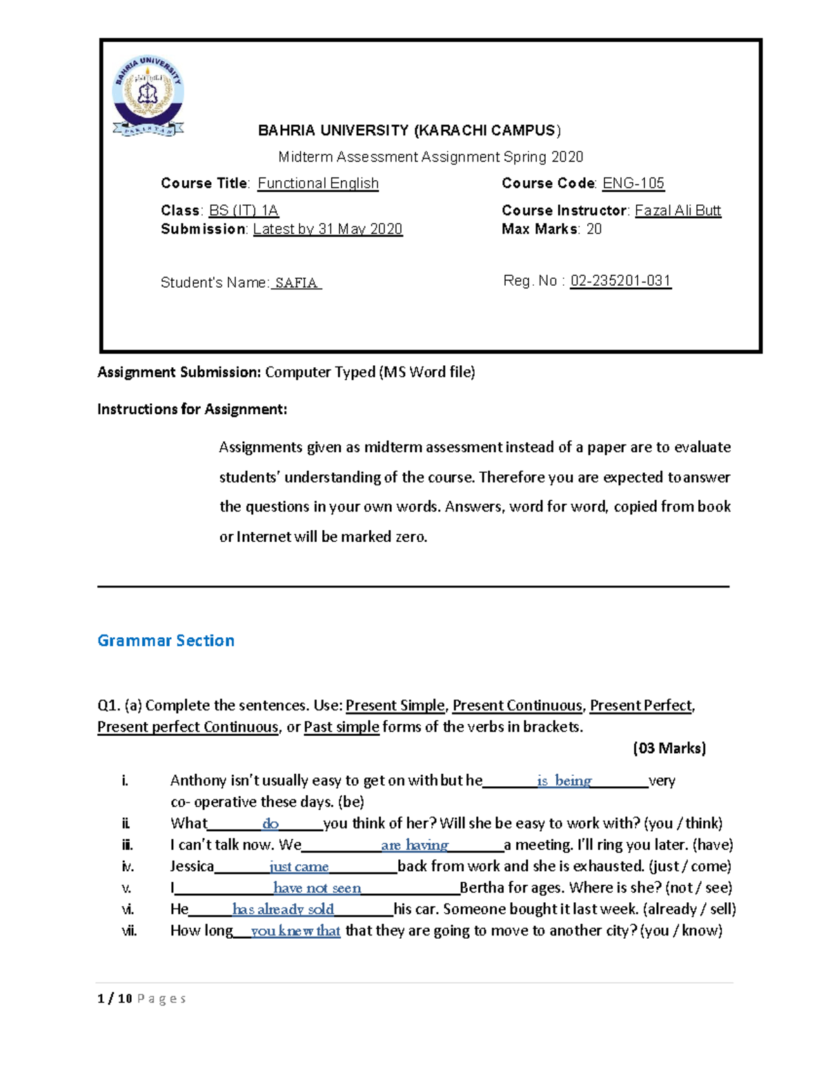 English Midterm Assessment Assignment Safia - 1 / 10 P a g e s Assignment Submission: Computer ...