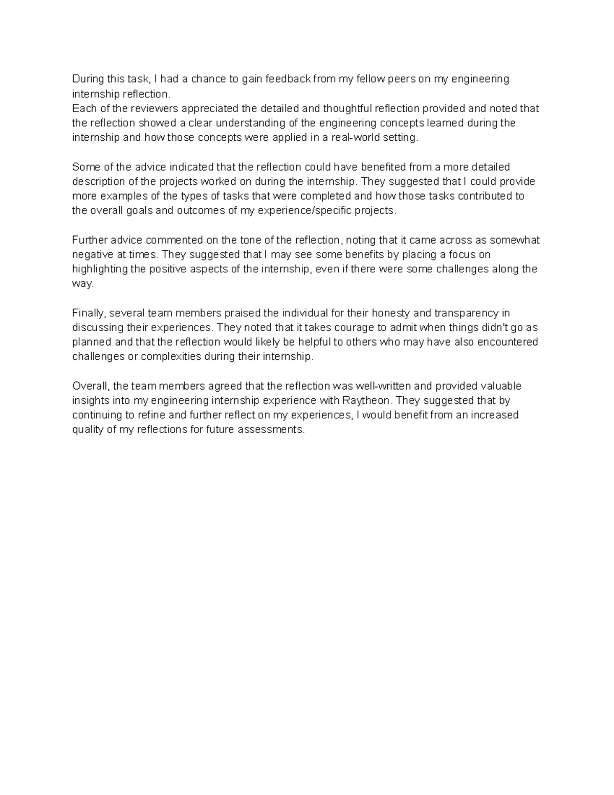 Professional Practice Review Asessment 1c Feedback Summary - During this task, I had a chance to ...