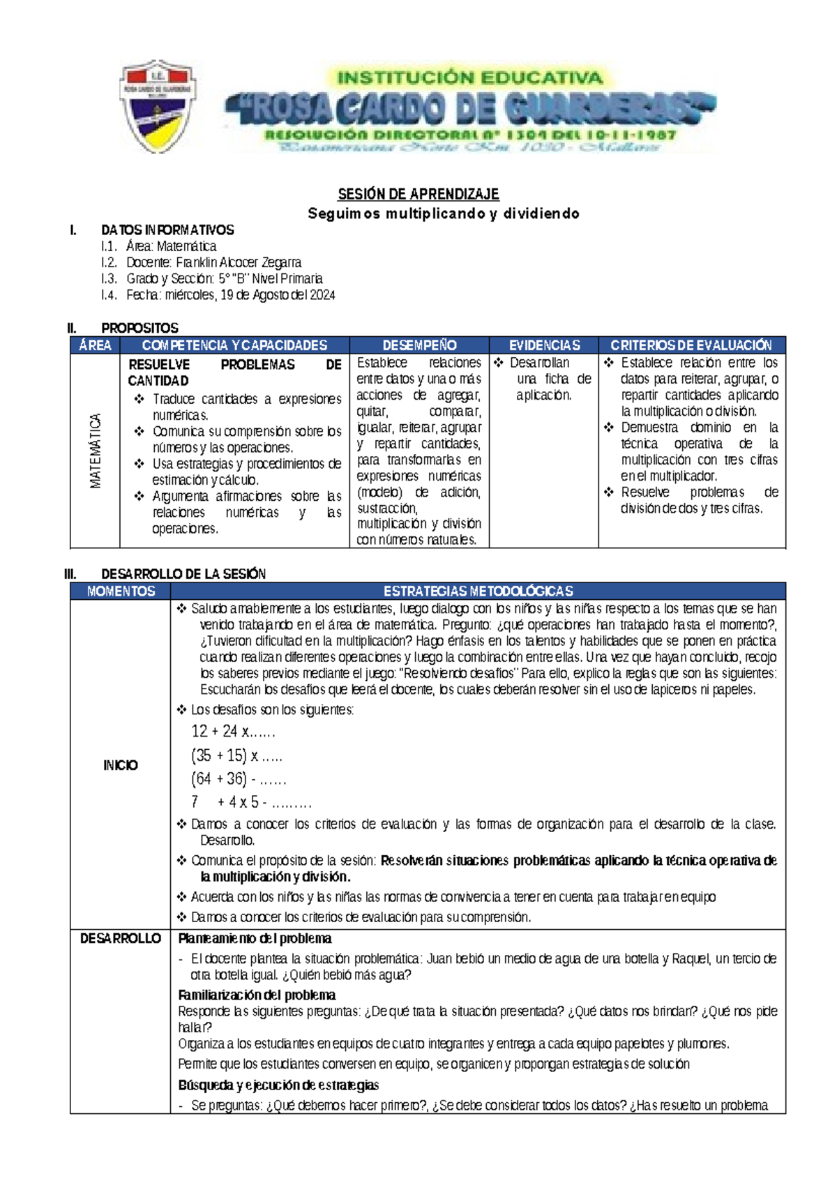 Multiplicacion y division de numeros decimales - SESIÓN DE APRENDIZAJE ...