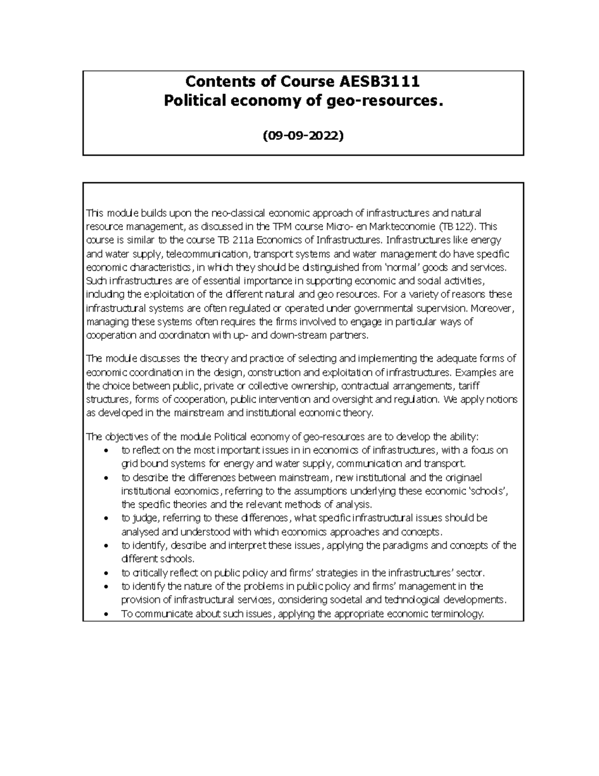 Course content TB AESB3111 2022 version 09-09 - Contents of Course AESB ...