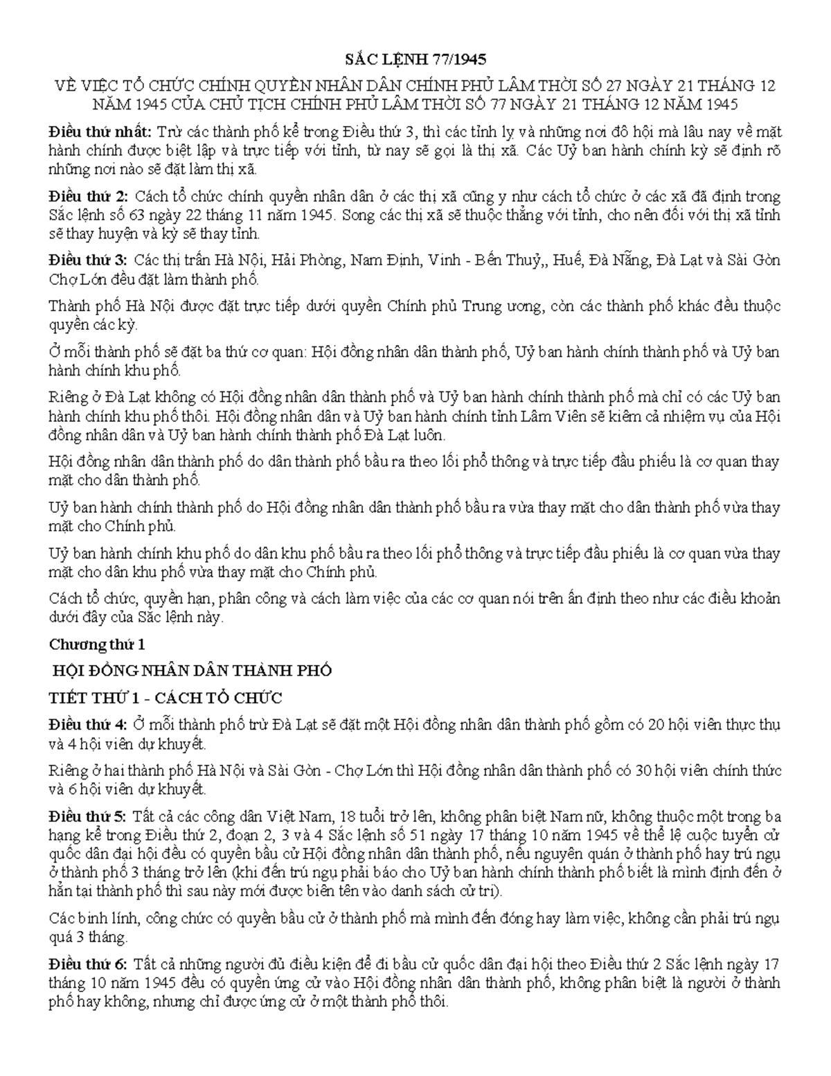 SL 77 - SẮC LỆNH 77/ VỀ VIỆC TỔ CHỨC CHÍNH QUYỀN NHÂN DÂN CHÍNH PHỦ LÂM THỜI SỐ 27 NGÀY 21 THÁNG ...
