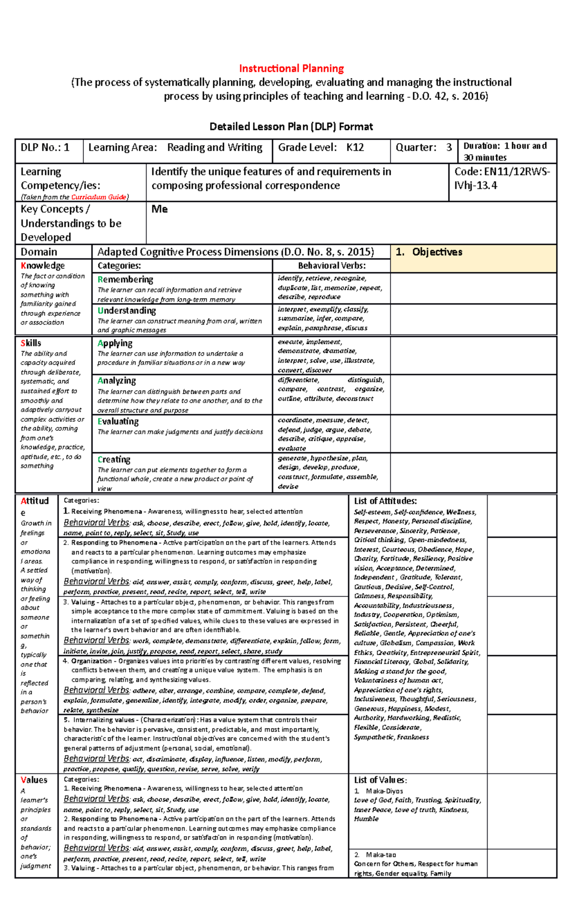 DLP-Template with Verbs (Auto Recovered) - Instructional Planning (The ...