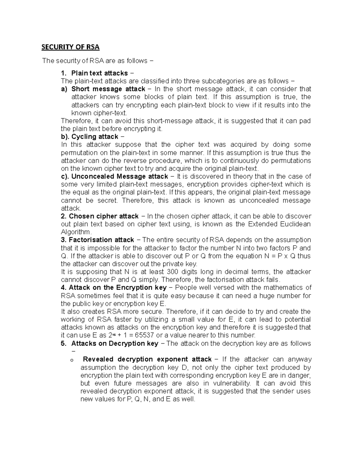 Security Of Rsa Security Of Rsa The Security Of Rsa Are As Follows − 1 Plain Text Attacks −