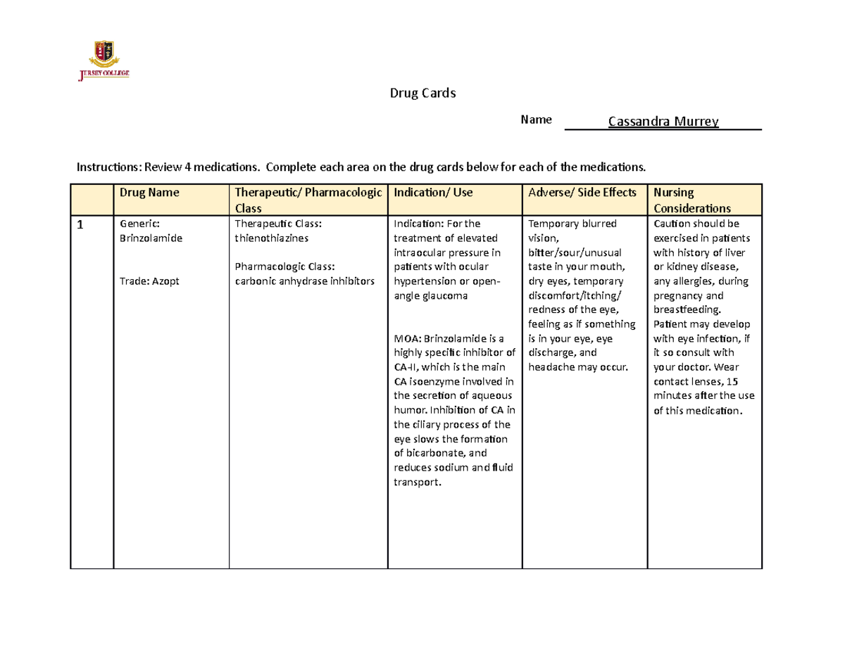 Form for Drug Card Activity - Drug Cards Name Cassandra Murrey ...