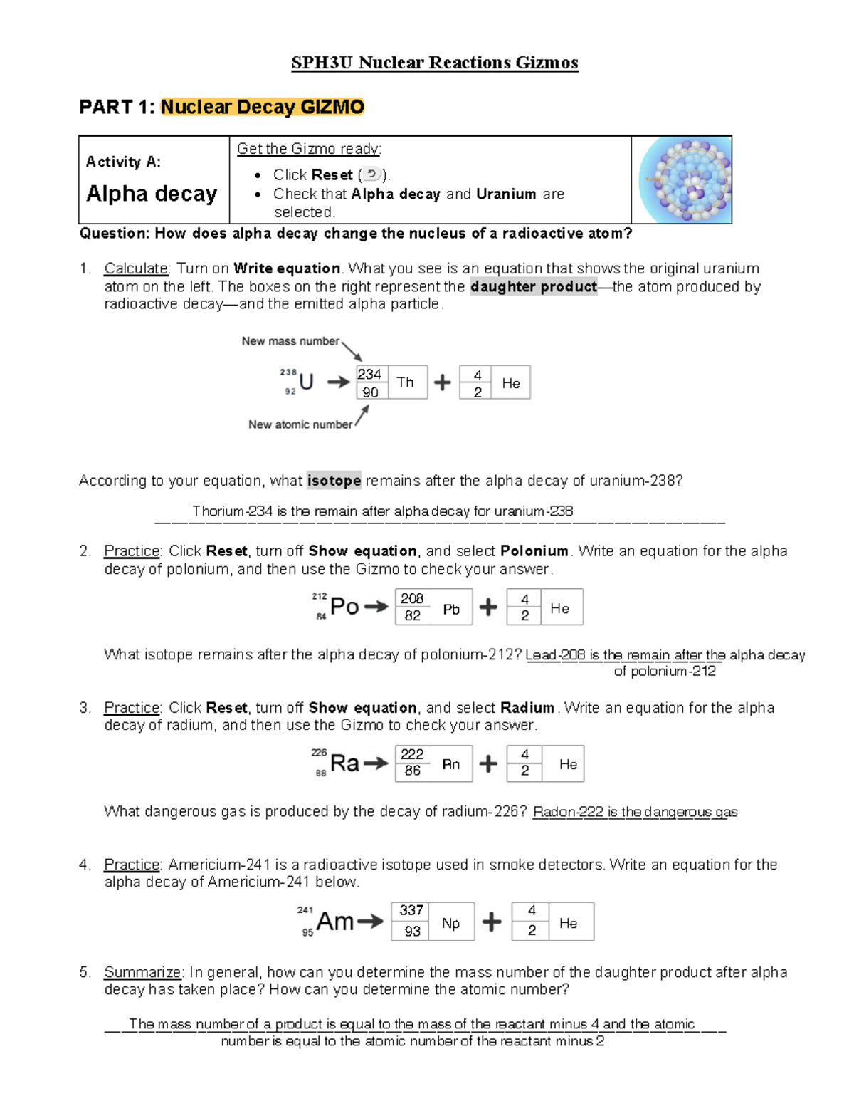 Nuclear Reactions Gizmos - Check that Alpha decay and Uranium are ...