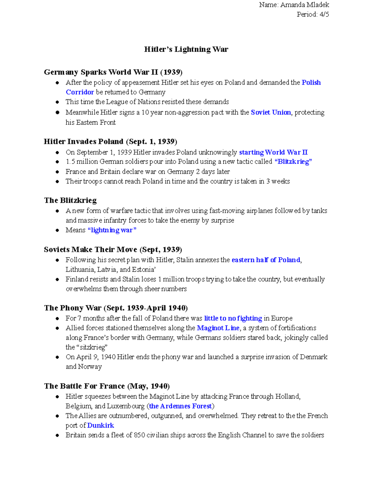 Hitler s Lightning War Guided Notes - Name: Amanda Mladek Period: 4 ...