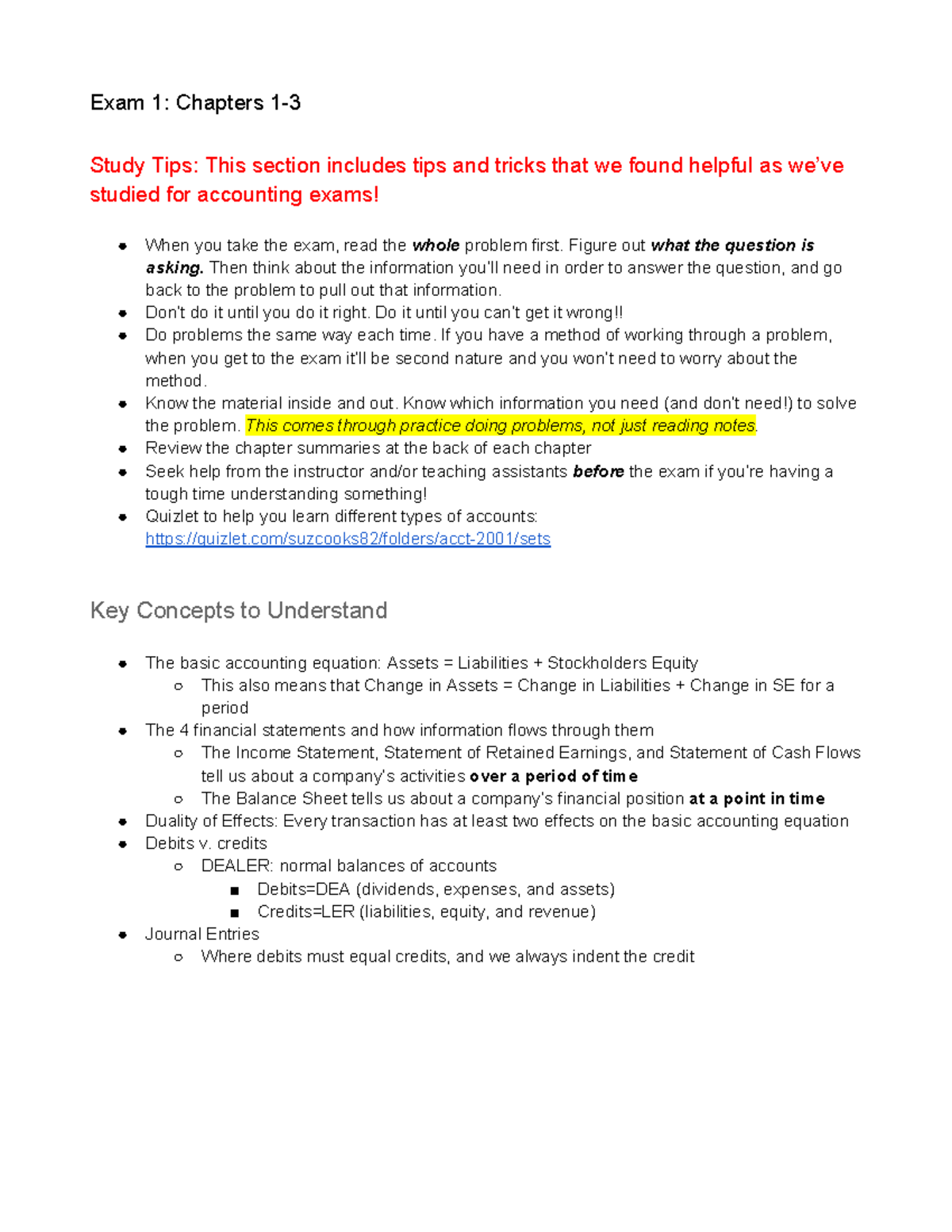 Acct 2001 - Exam 1 Study Guide Chs 1-3 - Exam 1: Chapters 1- Study Tips: This section includes ...