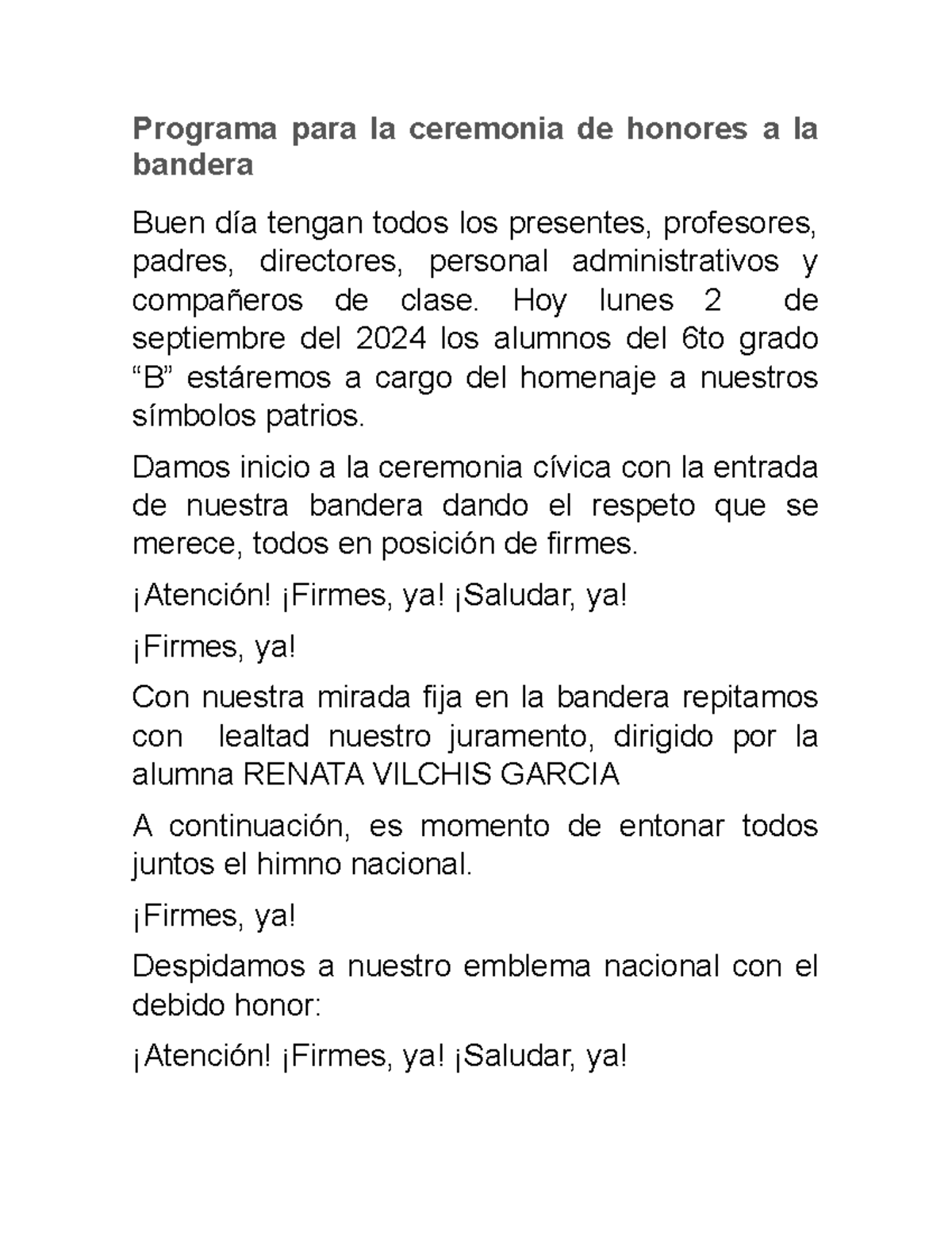 Programa para la ceremonia de honores a la bandera - Programa para la ceremonia de honores a la ...