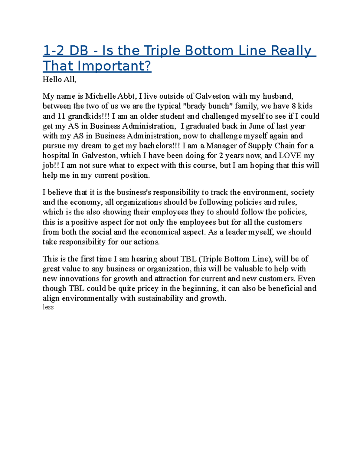 DB - 1-2 Is the TBL really that important - 1-2 DB - Is the Triple Bottom Line Really That - Studocu