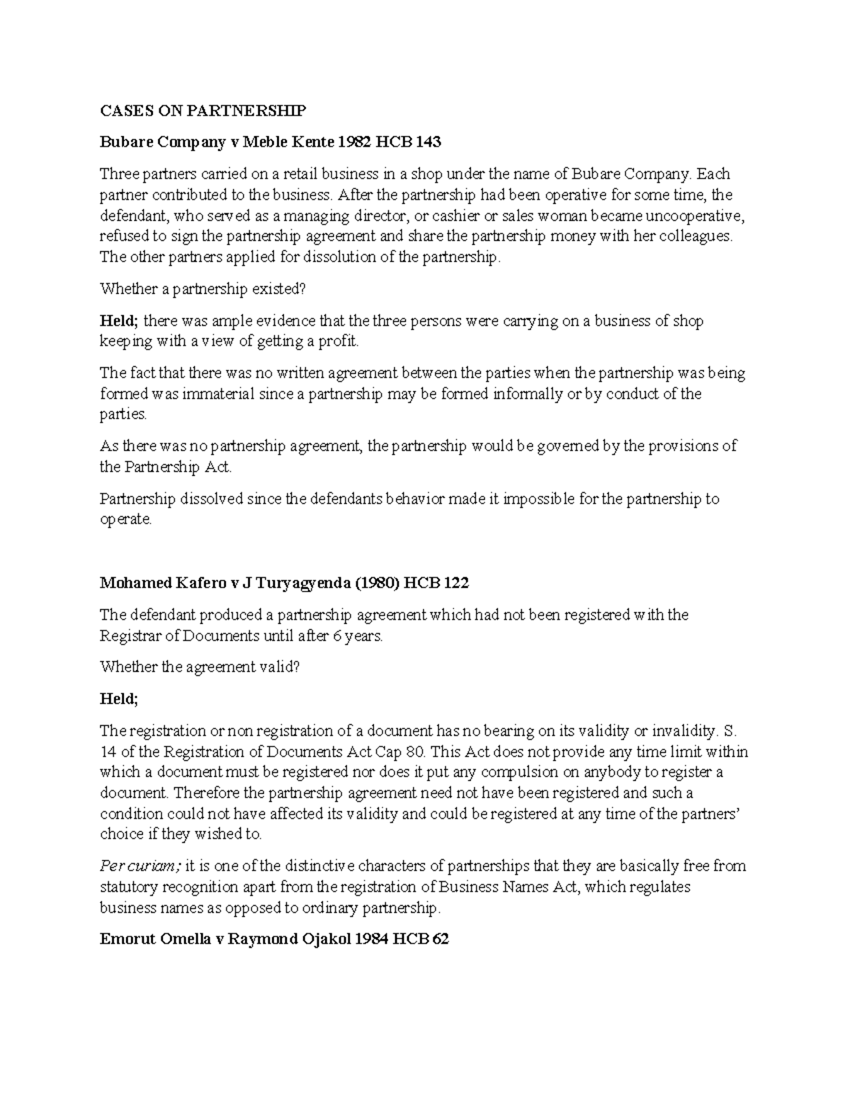 Cases ON Partnership 1 1 docx - CASES ON PARTNERSHIP Bubare Company v Meble Kente 1982 HCB 143 ...