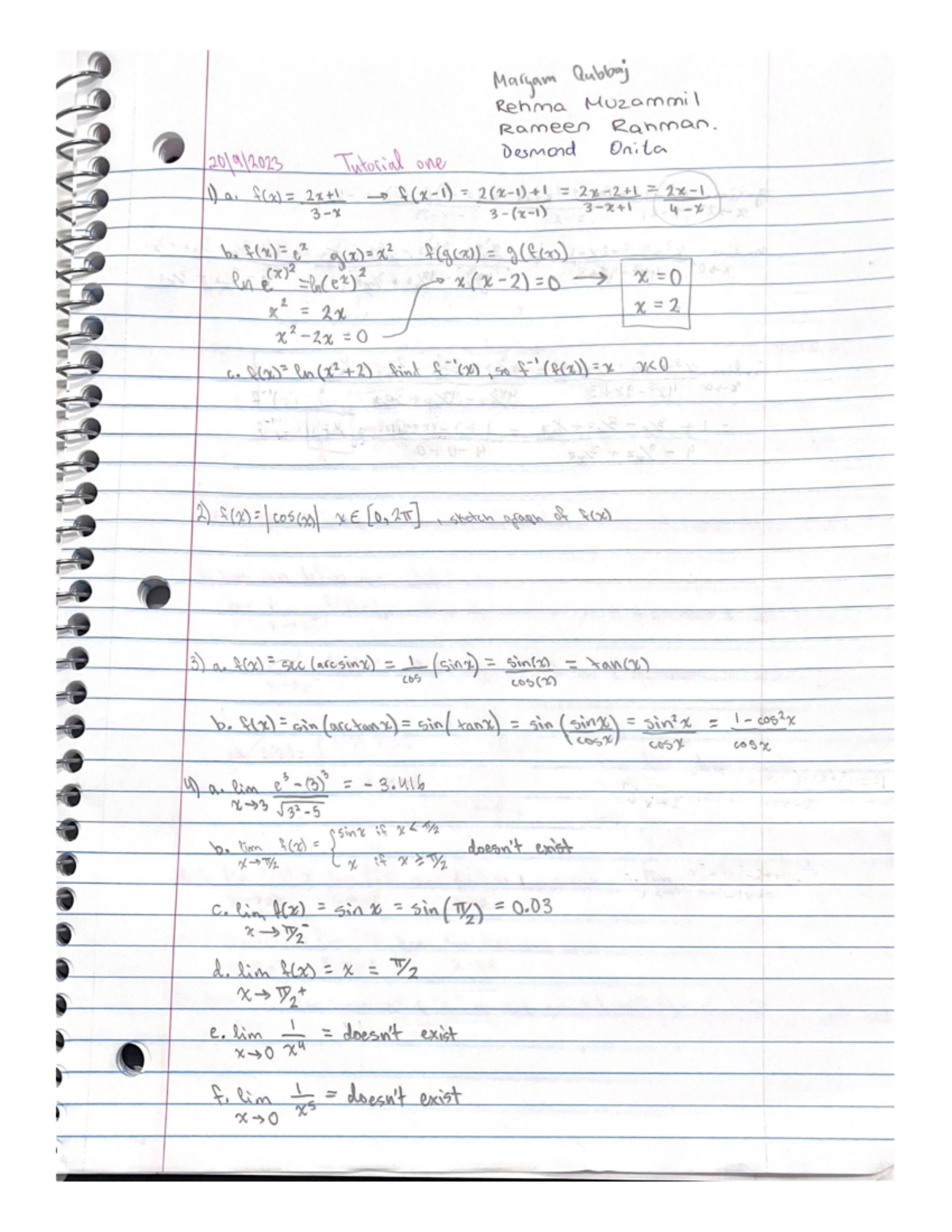 1001 tut 1 - calculus tutorial answers - Math 1004 - Studocu
