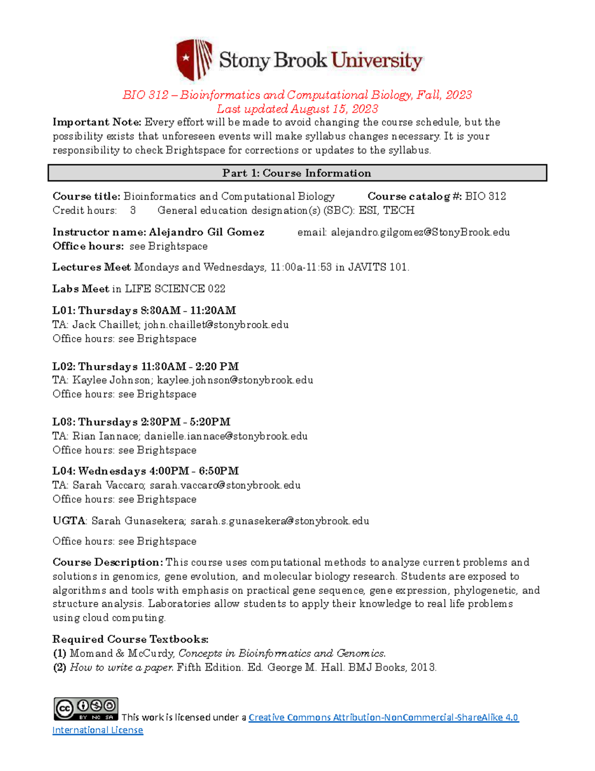 Bio312 Syllabus Fall 2023 - BIO 312 – Bioinformatics and Computational Biology, Fall, 2023 Last ...