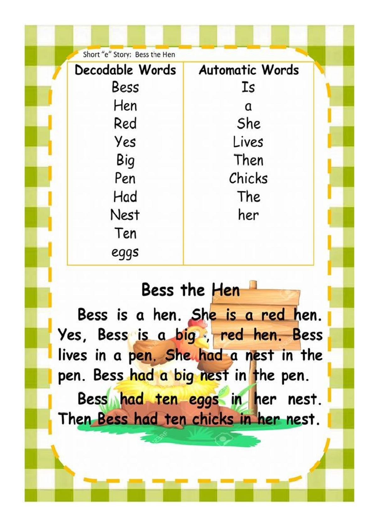 Reading materials-1-english - Short Story: Bess the Hen Decodable Words ...
