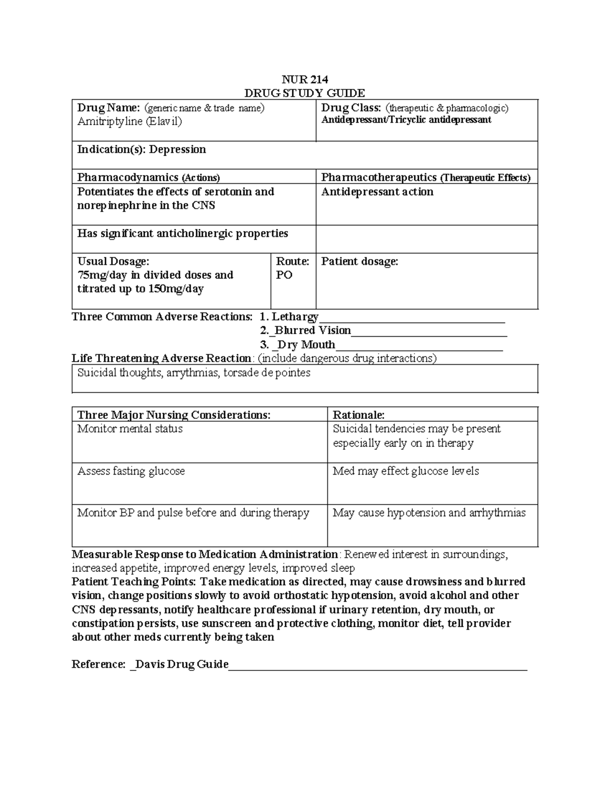 Amitriptyline (Elavil) - NUR 214 DRUG STUDY GUIDE Drug Name: (generic ...