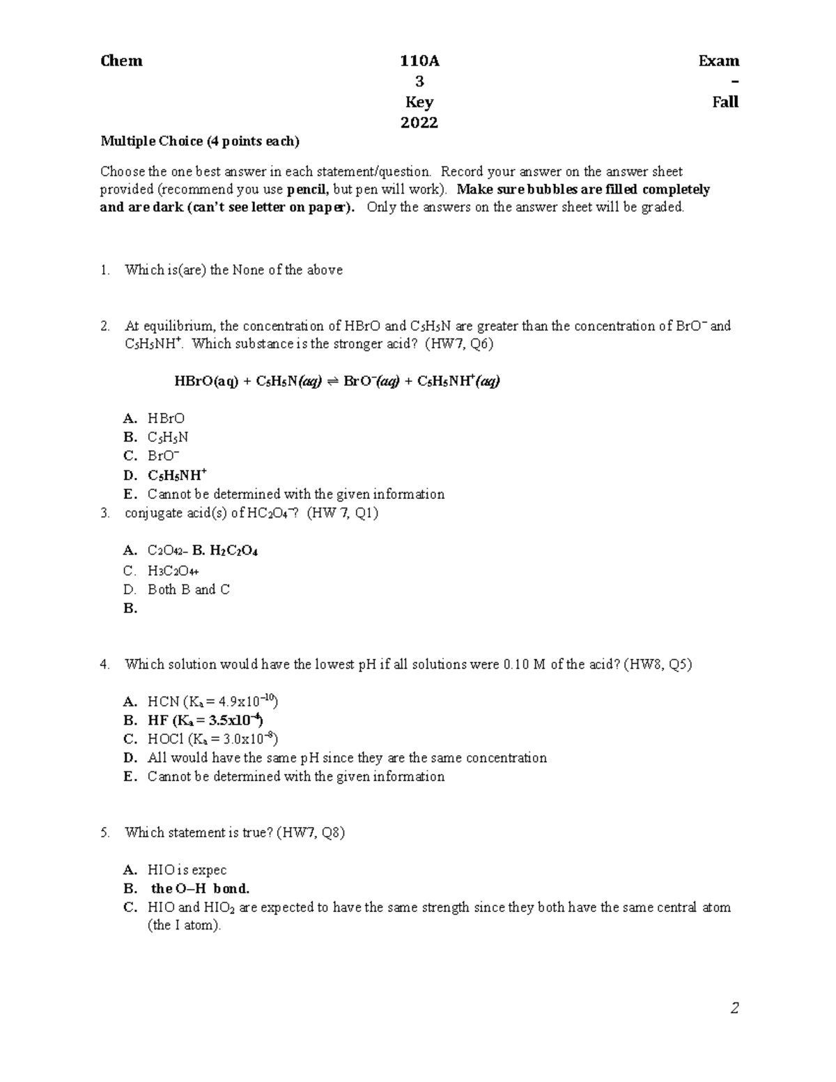 Exam3-110-Fa22-Key chem - 3 – Key Fall 2022 Multiple Choice (4 points each) Choose the one best ...