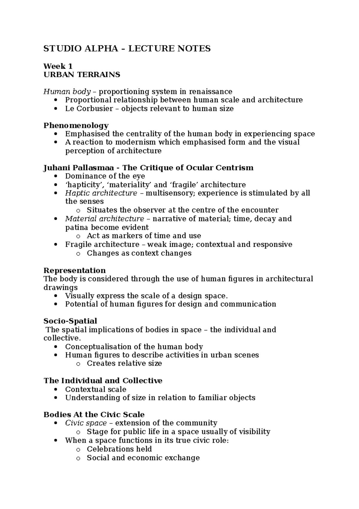 Studio Alpha lecture notes - STUDIO ALPHA – LECTURE NOTES Week 1 URBAN ...