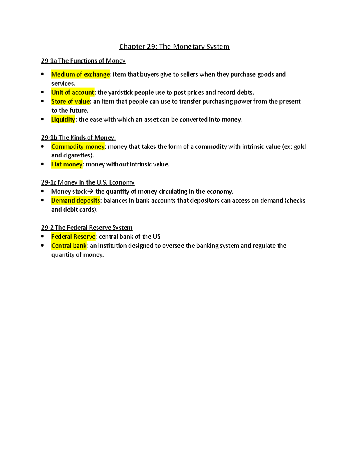 ECO-202 Week 4 notes - Chapter 29: The Monetary System 29-1a The ...