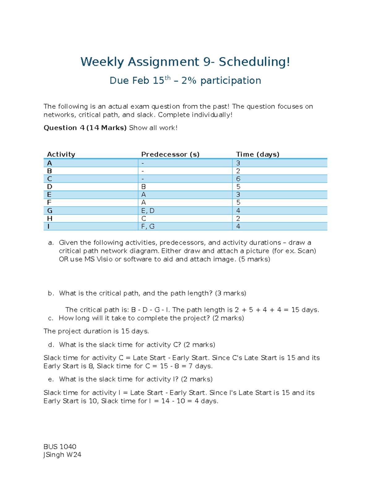 Weekly Asssignment 9 JSingh - Weekly Assignment 9- Scheduling! Due Feb 15 th – 2% participation ...