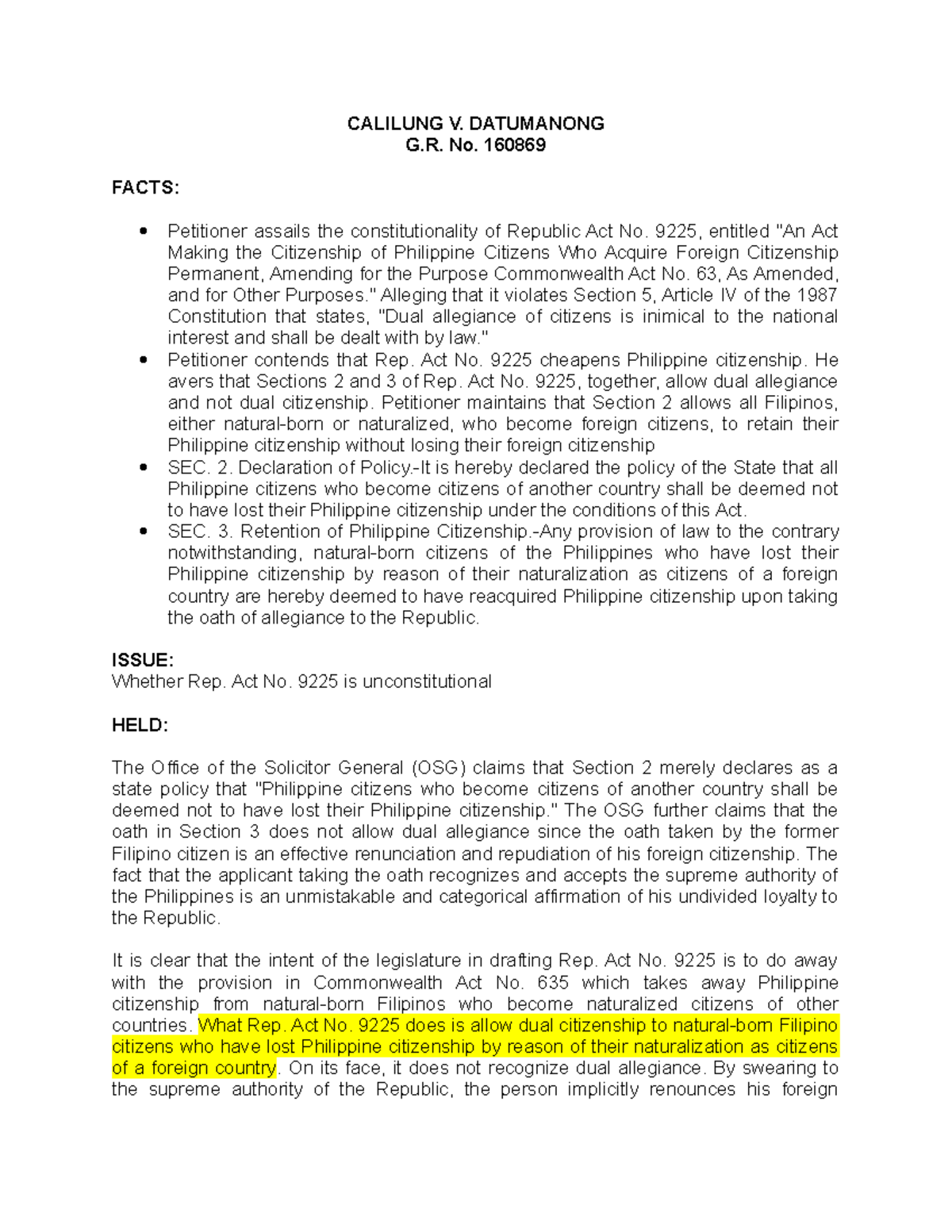 Calilung v Datumanong - DIGEST - CALILUNG V. DATUMANONG G. No. 160869 ...