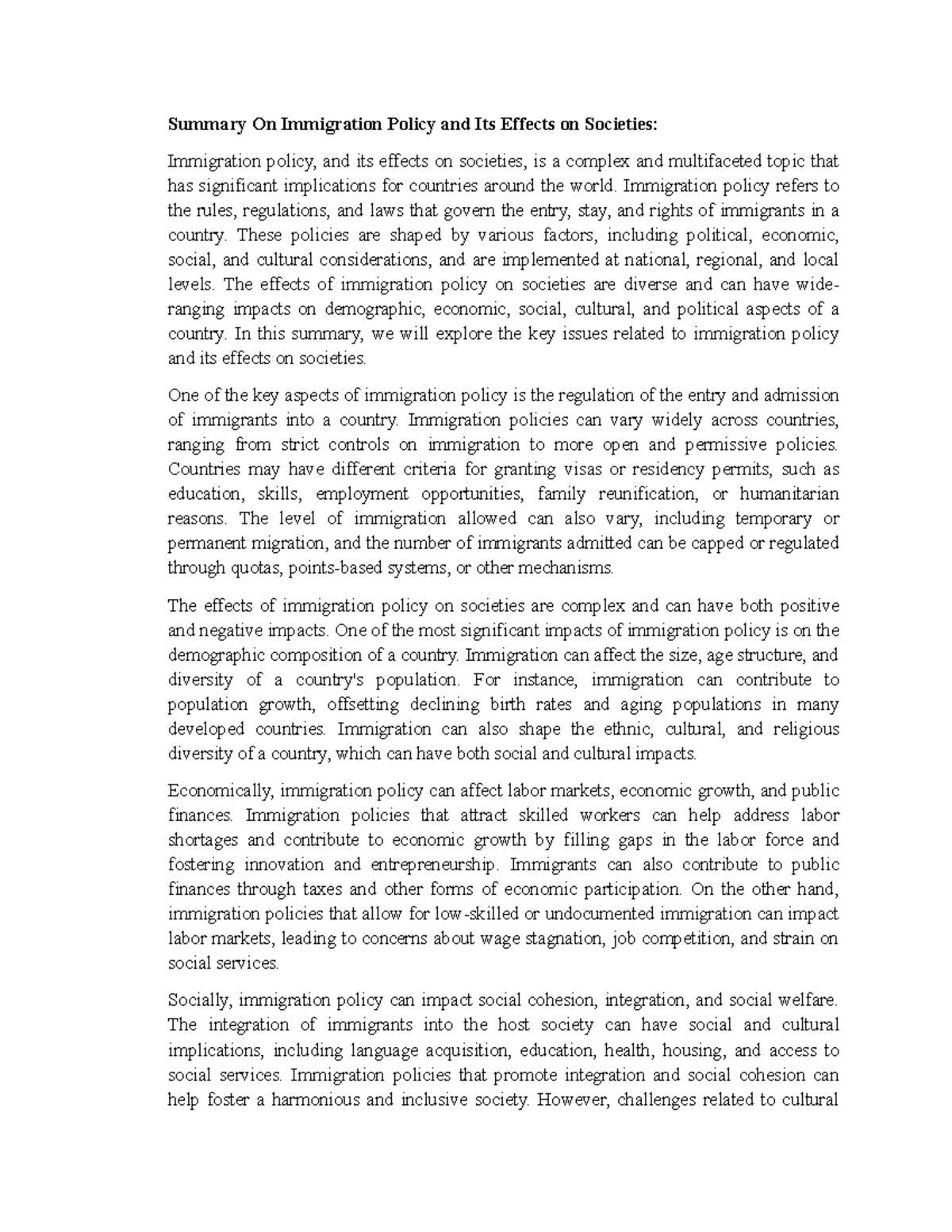 Summary On Immigration Policy and Its Effects on Societies - Summary On ...