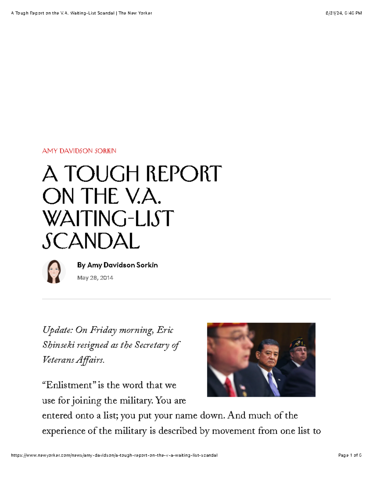 A Tough Report on the V.A. Waiting-List Scandal The New Yorker - Amy ...