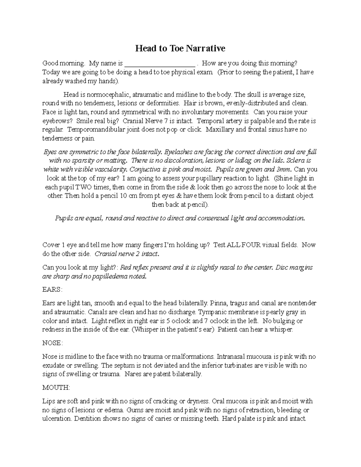 Head to Toe Narrative - Comprehensive Assessment Wording - Head to Toe ...