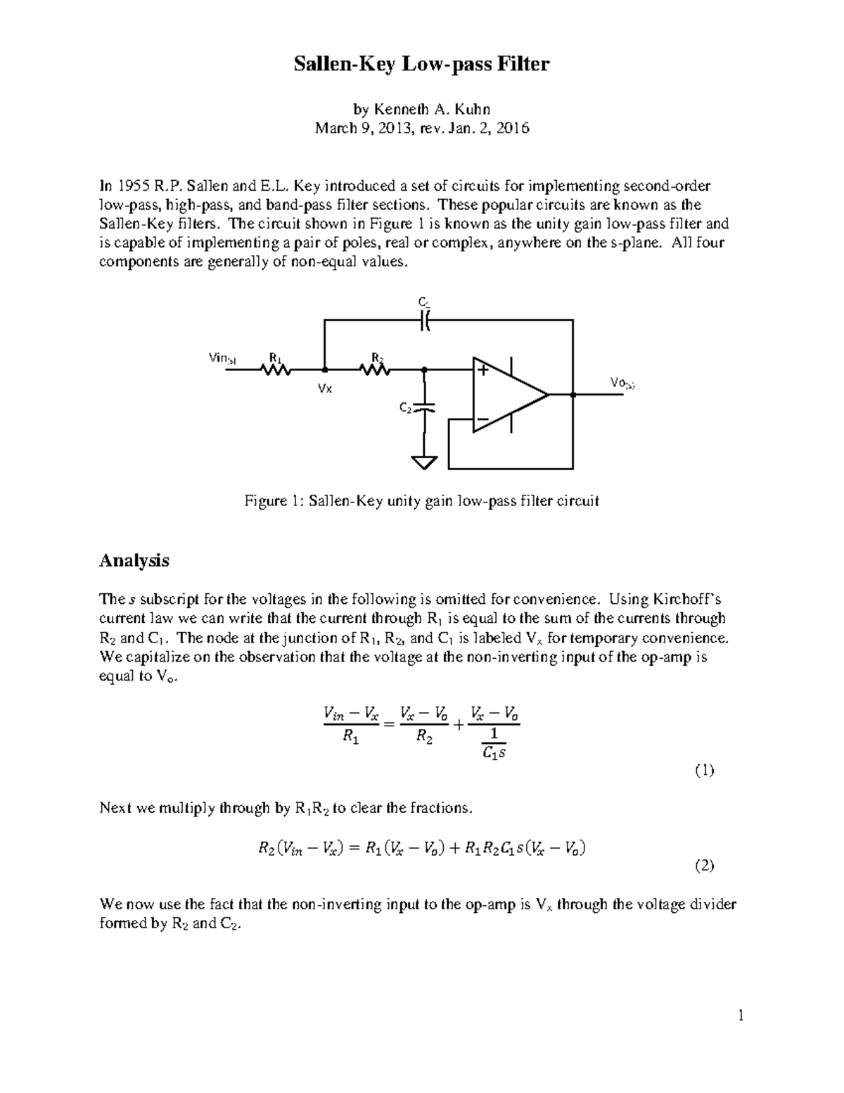 Sallen key low pass filter - by Kenneth A. Kuhn March 9, 2013, rev. Jan. 2, 2016 In 1955 R ...