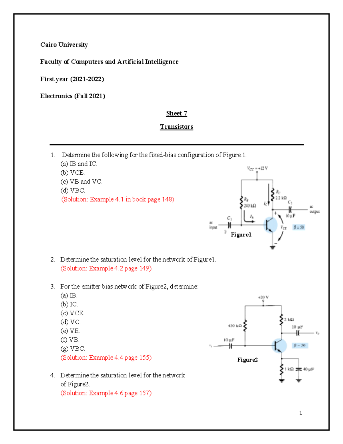 Sheet 7-Transistor 2021 - Cairo University Faculty of Computers and ...