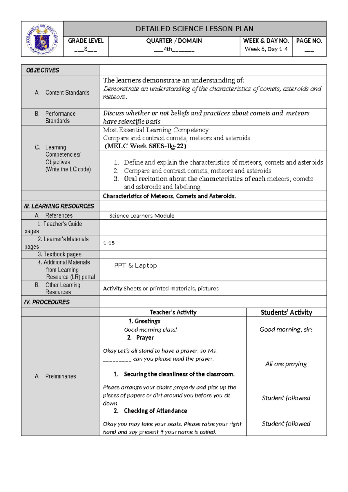 G8-M2-Q4 - nothingg - GRADE LEVEL 8 QUARTER / DOMAIN 4th____ WEEK & DAY ...