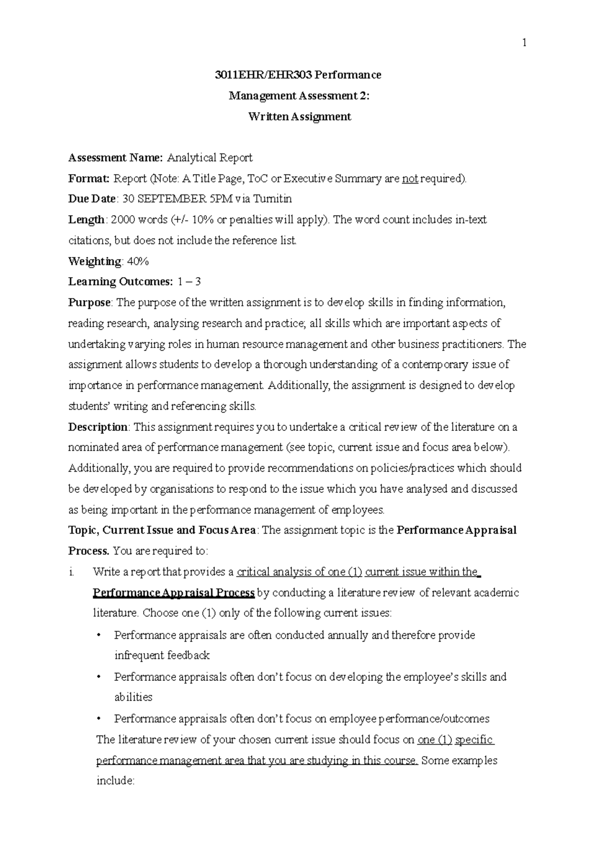 3011EHR EHR303 Written Assignment Task Sheet and Marking Criteria ...