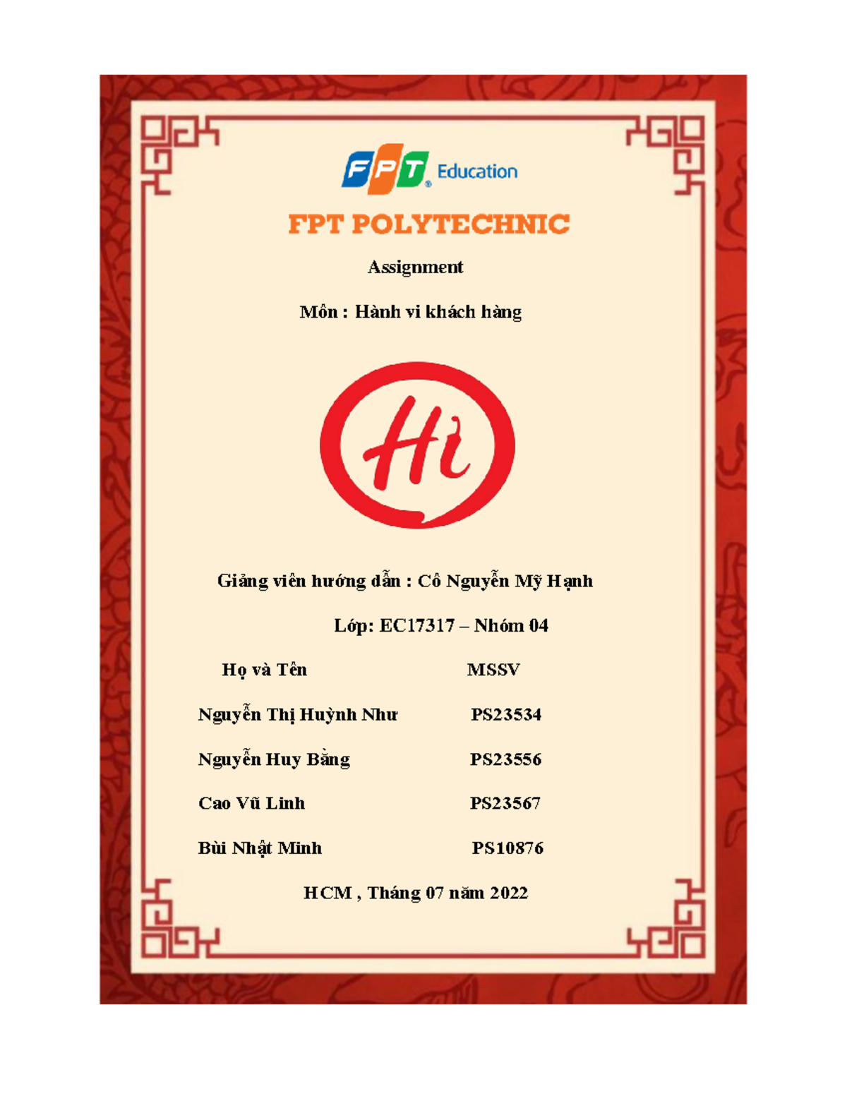 ASM FULL - practice - Assignment Môn : Hà nh vi khá ch hà ng Giả ng viên hướng dẫn : Cô Nguyễn ...