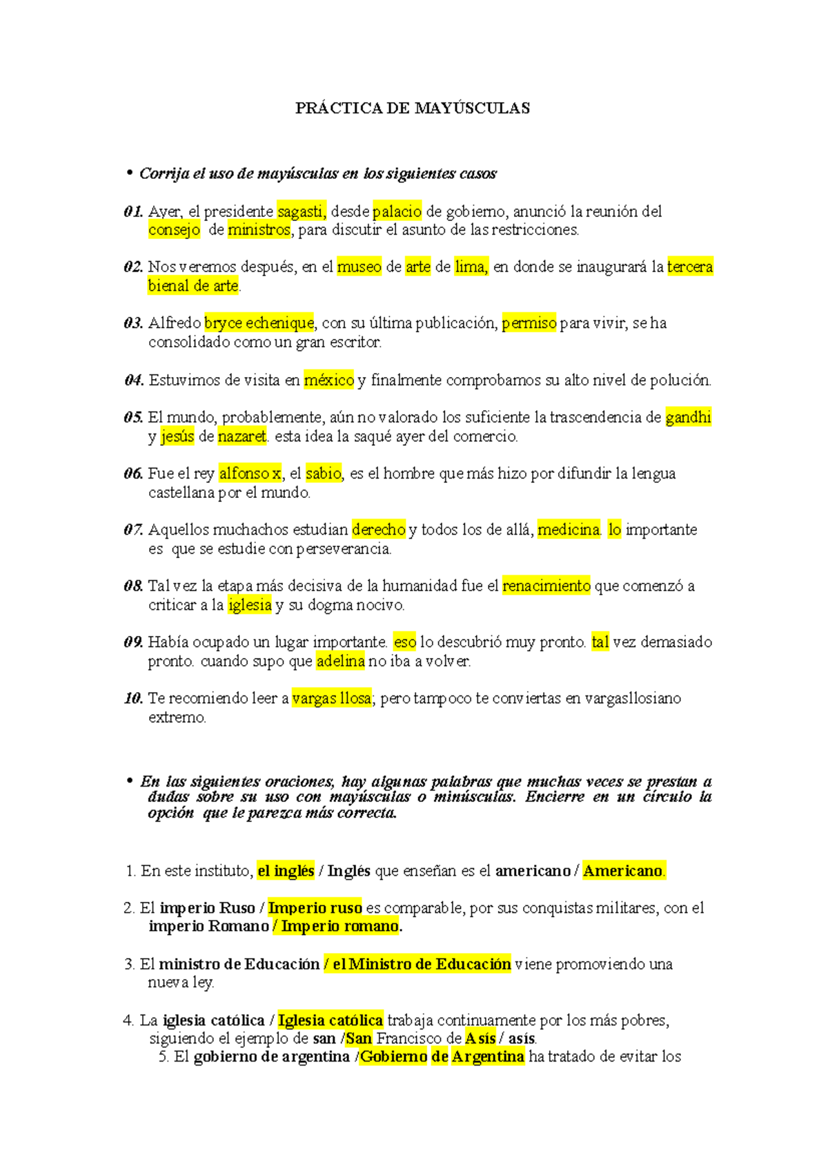 Semana 6- Práctica DE Mayúsculas - PRÁCTICA DE MAYÚSCULAS Corrija el ...