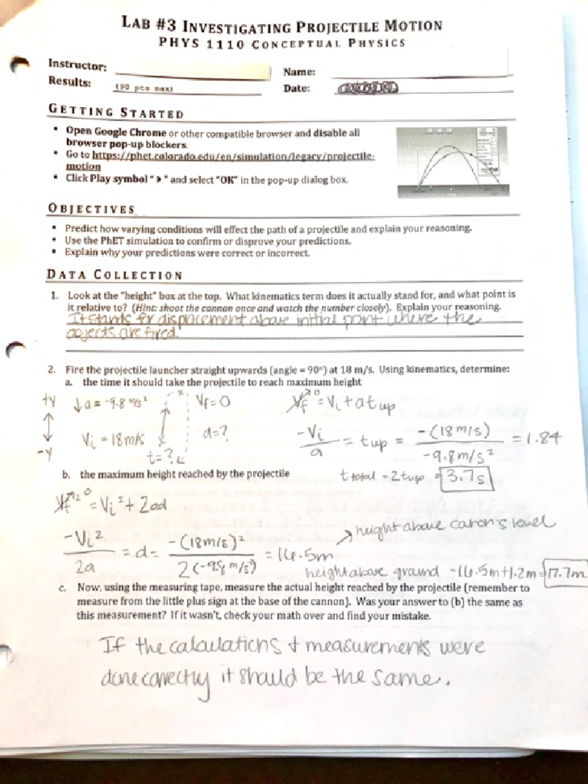 LAB #3 INVESTIGATING PROJECTILE MOTION PHYS 1 110 CONCEPTUAL PHYSICS ...