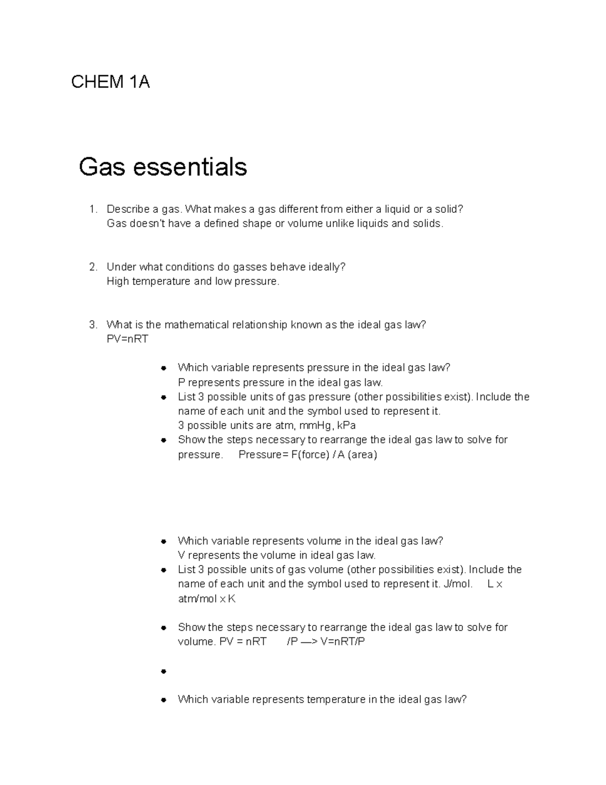 Notes 12 gas essentials - CHEM 1A Gas essentials Describe a gas. What ...